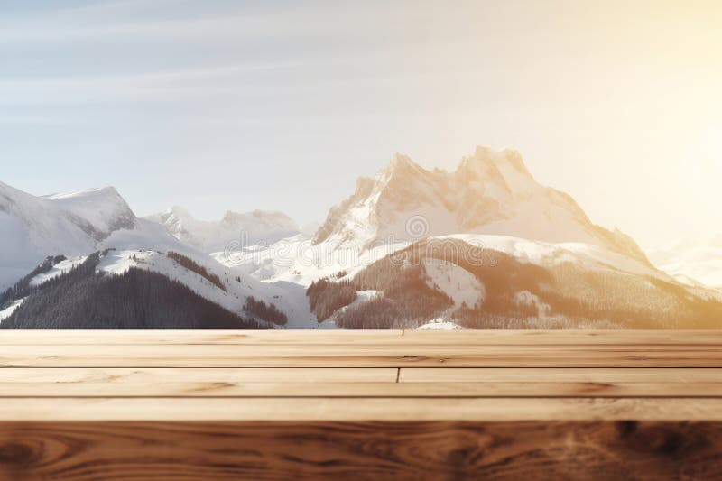 Wooden Table and Mountains Landscape in Morning Sky Stock Photo - Image ...