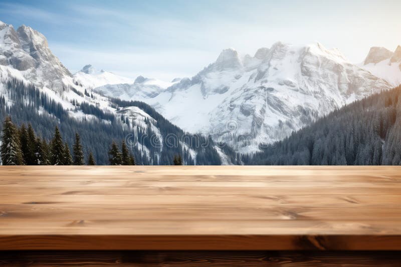 Wooden Table and Mountains Landscape in Morning Sky Stock Photo - Image ...