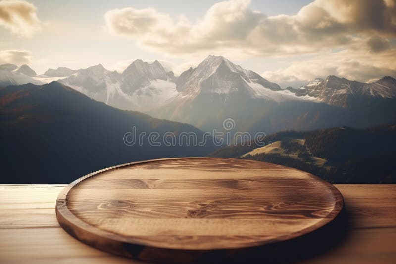 Wooden Table and Mountains Landscape in Morning Sky Stock Image - Image ...