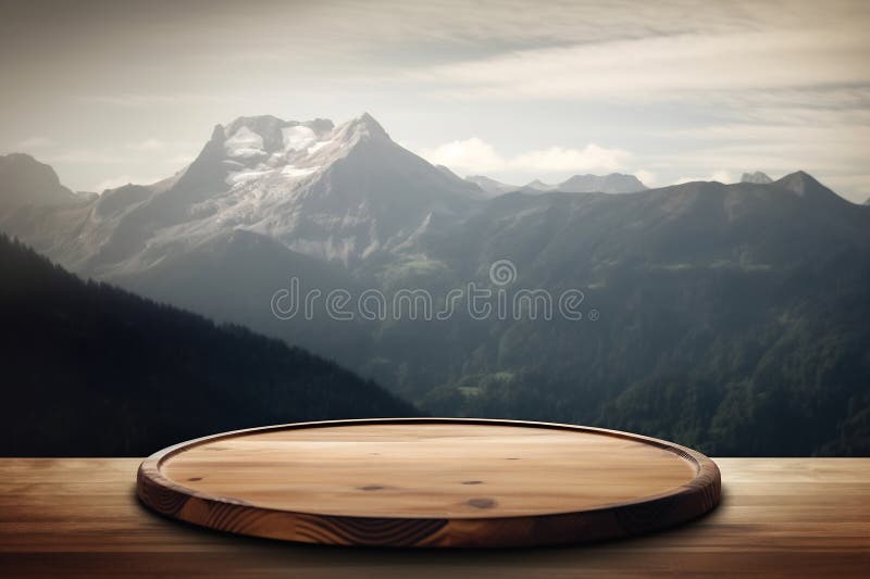 Wooden Table and Mountains Landscape in Morning Sky Stock Photo - Image ...