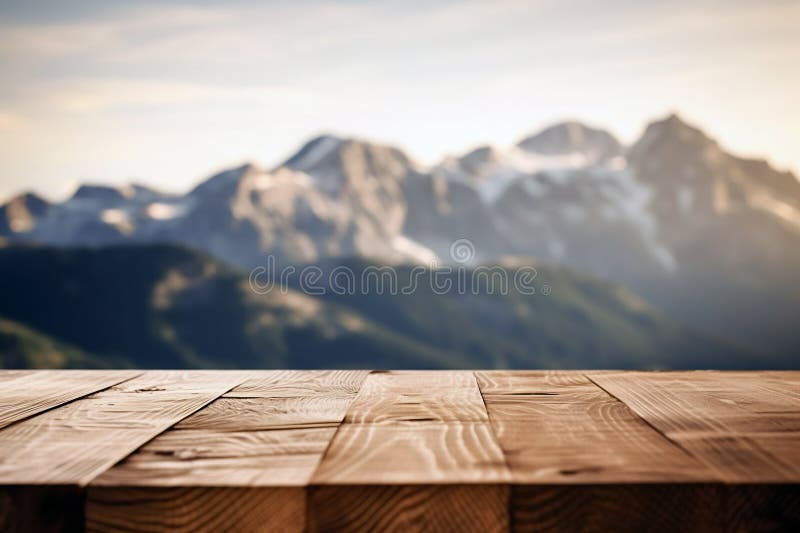 Wooden Table and Mountains Landscape in Morning Sky Stock Photo - Image ...