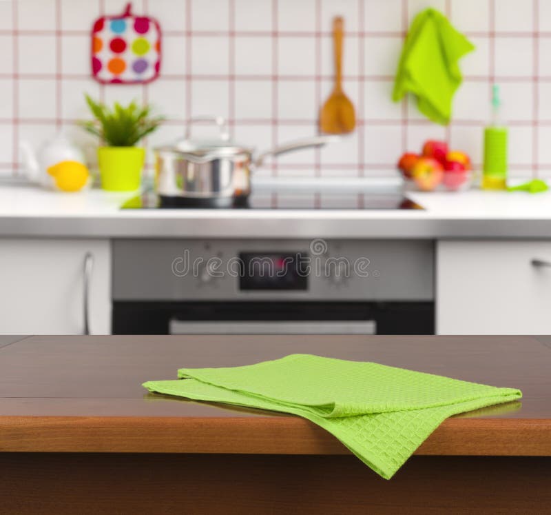 Empty Table Board and Defocused Retro Kitchen Background. Stock Image ...