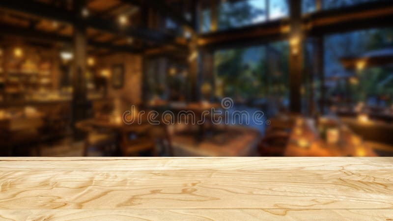 Wooden Table with Nighttime Restaurant Blur for Advertising Stock Photo ...