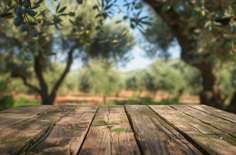 Wooden Table with Olive Tree in Background Stock Image - Image of view ...