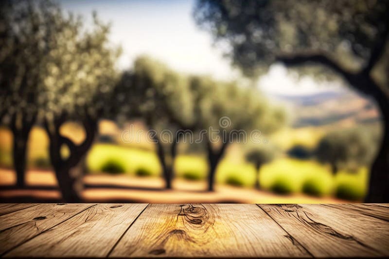 Wooden Table and Olive Trees in Background. Generative Ai Stock ...