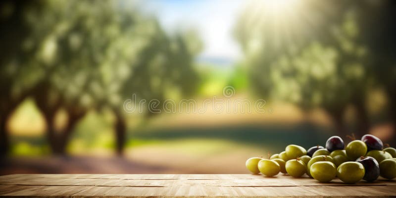 Wooden Table with Olive Trees Created with Ai Generative Tools Stock ...