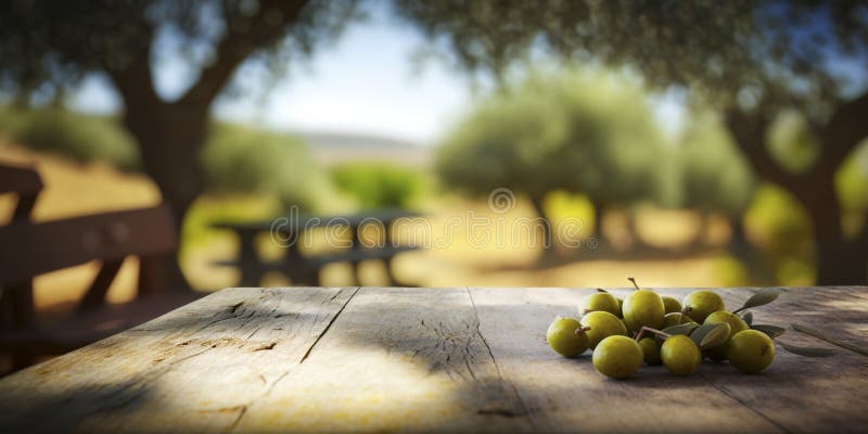 Wooden Table with Olive Trees Created with Ai Generative Tools Stock ...