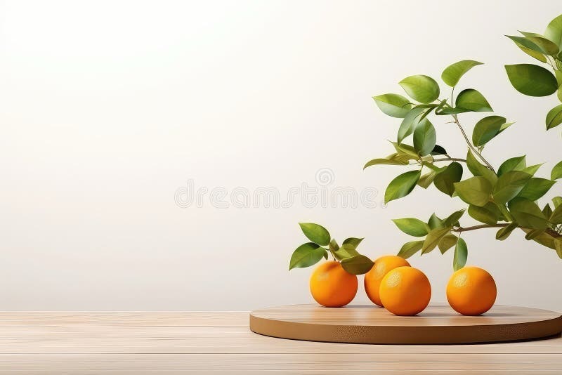 Wooden Table and Orange Trees Create Product Display Stock Photo ...