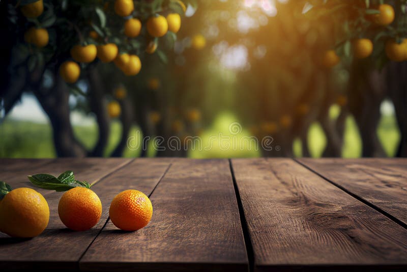 Wooden Table and Orange Trees for Product and Merchandise Display ...