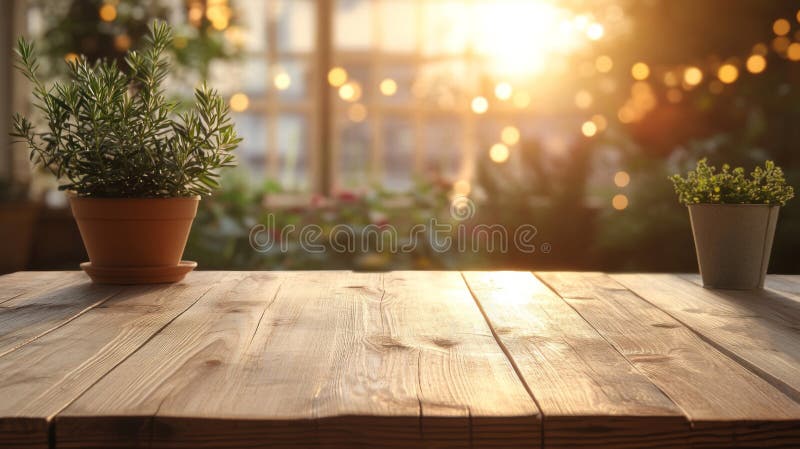 Wooden Table Outdoors with Plants and Sunlit Background Stock ...