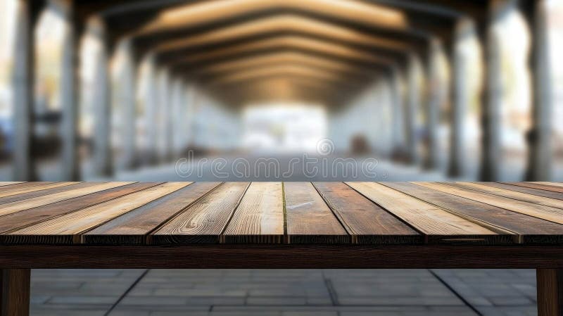 Wooden Table Overlooks a Blurred Hallway View with Perspective Concept ...