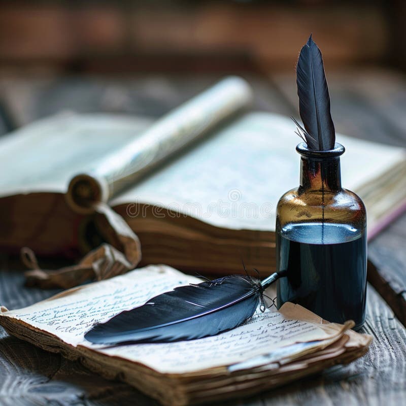 Wooden Table Pen Pen Inkwell and Sheet of Paper Stock Illustration ...