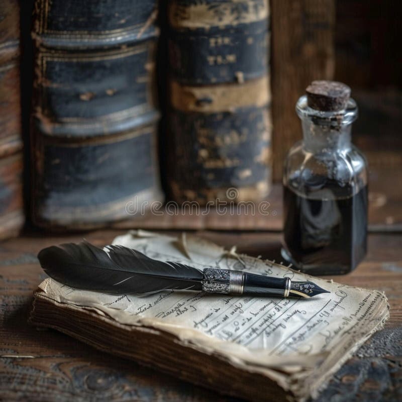 Wooden Table Pen Pen Inkwell and Sheet of Paper Stock Illustration ...