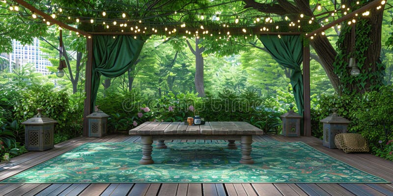 A Wooden Table Placed Under a Canopy Illuminated with String Lights ...