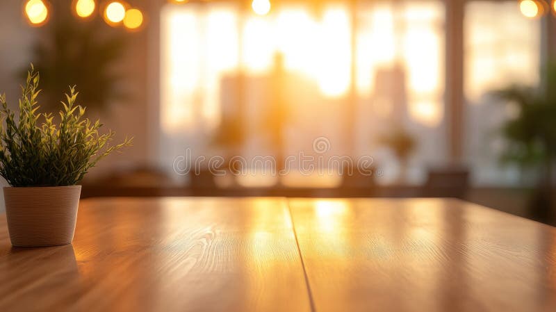 Wooden Table Plant Pot Sunset Background Stock Illustration ...
