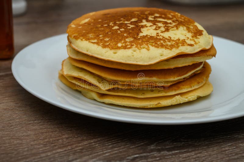 A Big Stack of Breakfast Pancakes on a Kitchen Table. Stock Image ...