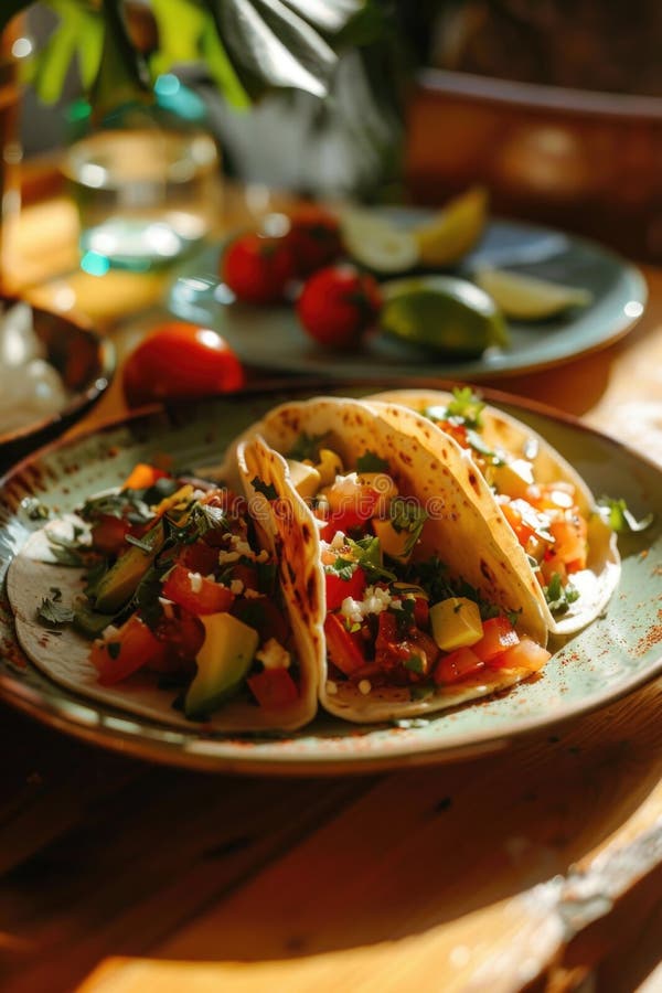 Wooden Table with Plate of Tacos Stock Image - Image of culinary, spicy ...