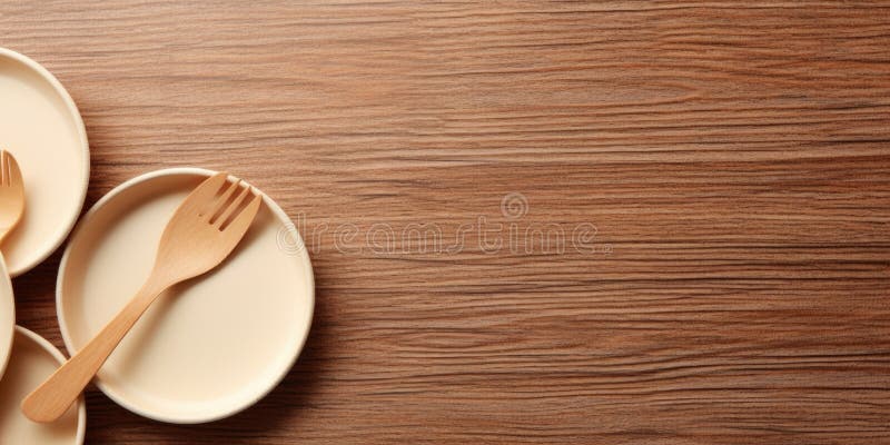 A Wooden Table with Plates and Wooden Utensils. Perfect for Showcasing ...