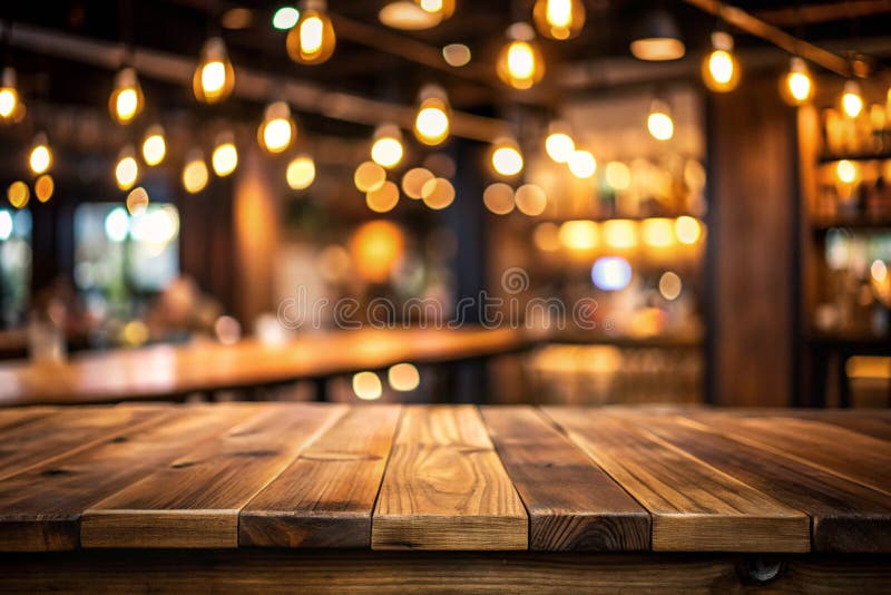 Wooden Table Platform with Blurred Bar Restaurant Night Background ...