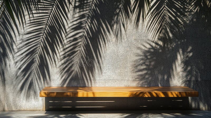 Wooden Table Platform with Shadow of Palm Leaves on Granite Wall Stock ...