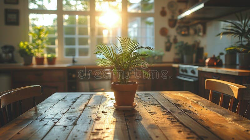 Wooden Table with Potted Plant Stock Image - Image of decorative, space ...