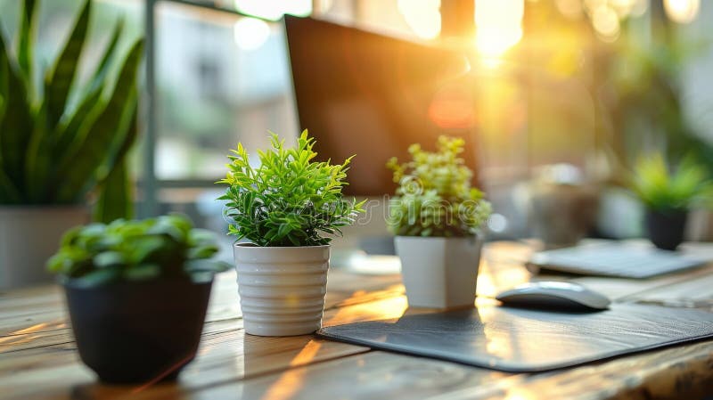 Wooden Table with Potted Plants and Computer Stock Image - Image of ...