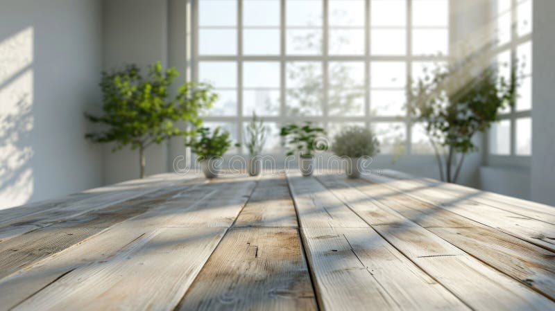 Wooden Table with Potted Plants in Front of Window Stock Photo - Image ...