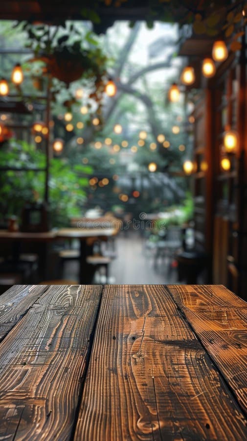 Wooden Table with Potted Plants in Restaurant Stock Photo - Image of ...