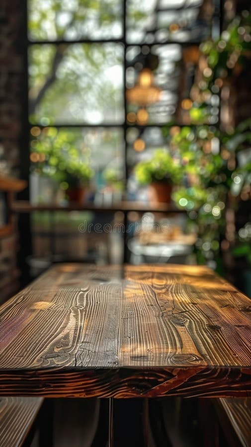 Wooden Table with Potted Plants in Restaurant Stock Image - Image of ...