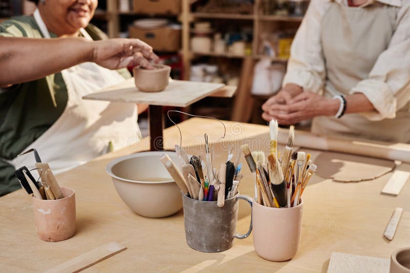Wooden Table in Pottery Studio with Tools Stock Image - Image of ...