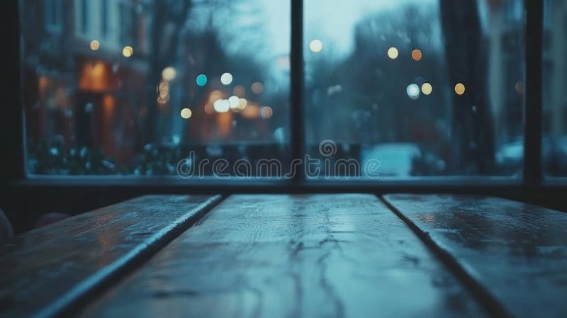 Wooden Table beside Rainy Night City Window Stock Illustration ...