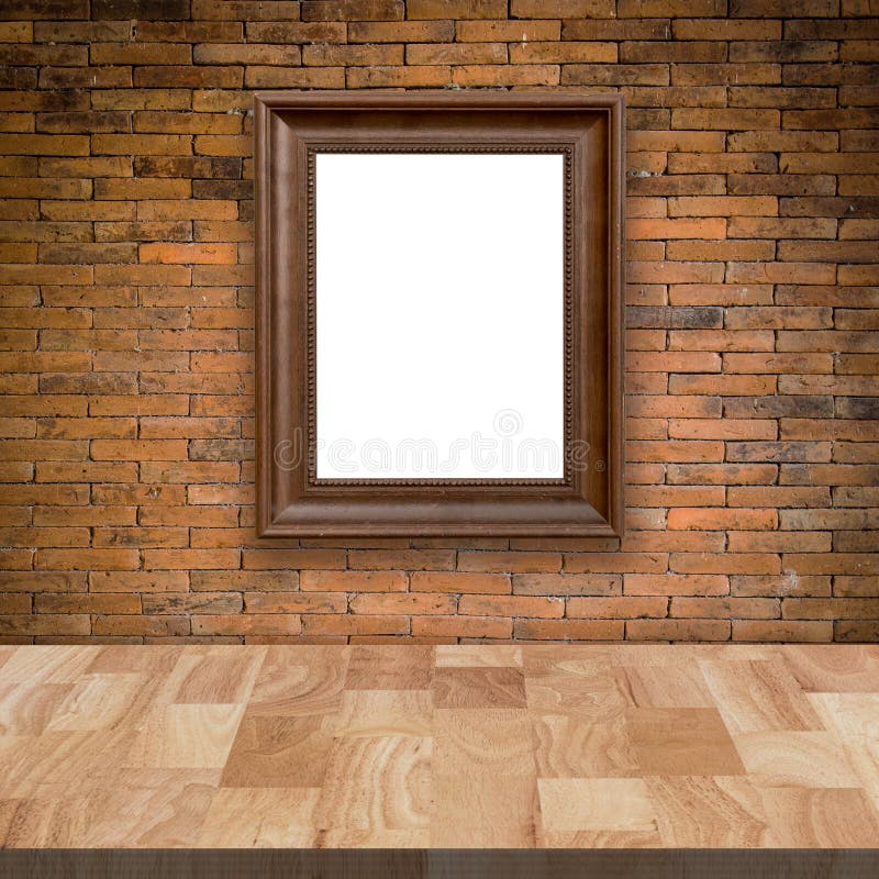 Wooden Table and Red Brick Wall with Frame Picture Stock Image - Image ...
