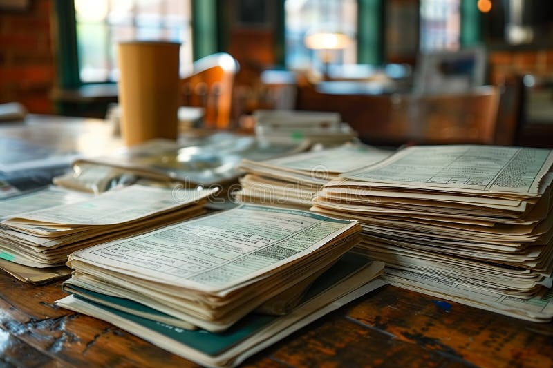 Stacks of Paper Documents on Wooden Table in Restaurant Setting Stock ...