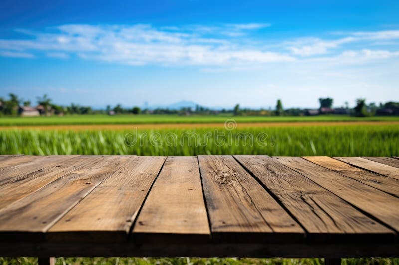 Wooden Table on Rice Fields with Clear Blue Sky and No Items Stock ...