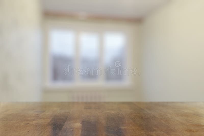Wooden Table in the Room with Big Windows Stock Image - Image of ...