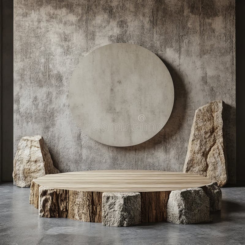Wooden Table with Round Frame on Concrete Wall Background. 3d Rendering ...
