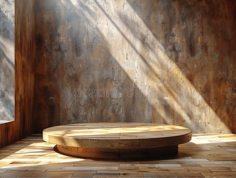 A Wooden Table with a Round Top and a Wooden Wall Behind it Stock ...
