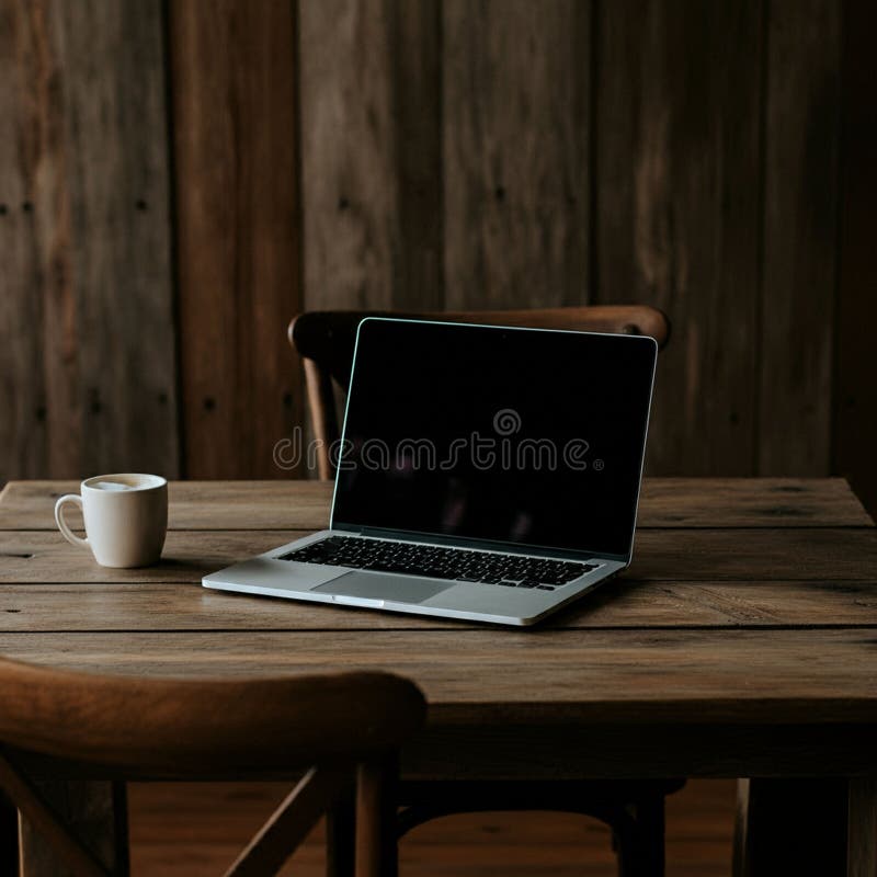 A Wooden Table in a Rustic Setting Holds a Laptop with a Blank Screen ...