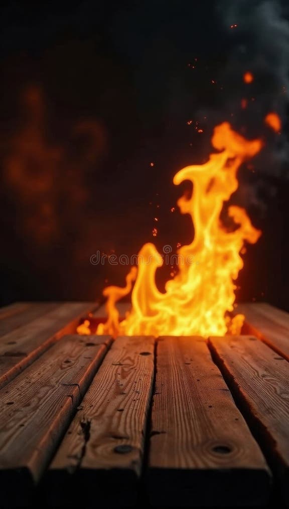 Wooden Table S Edge Engulfed in Dramatic Fire Flames , Wood Grain, Fire ...
