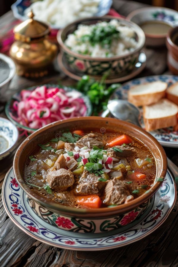 A Wooden Table Set with Plates of Various Foods Stock Photo - Image of ...