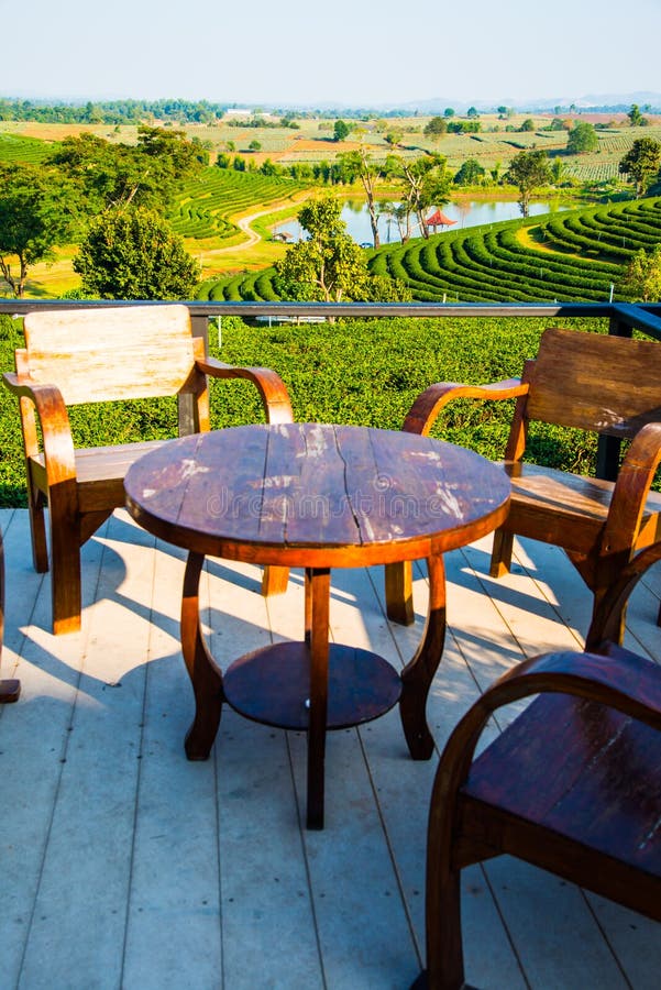 Wooden Table Set at View Point in Tea Plantation Stock Image - Image of ...