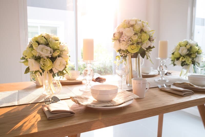 Wooden Table Setting and Decoration for Meal Time Stock Image - Image ...