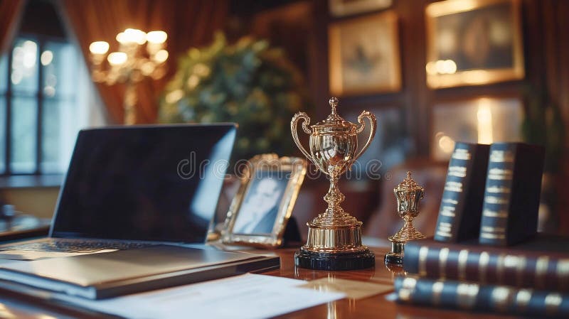 A Wooden Table with Several Awards and Several Books on it. Stock ...
