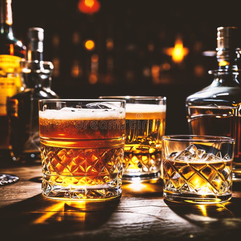 Wooden Table with Several Glasses of Different Sizes Filled with ...