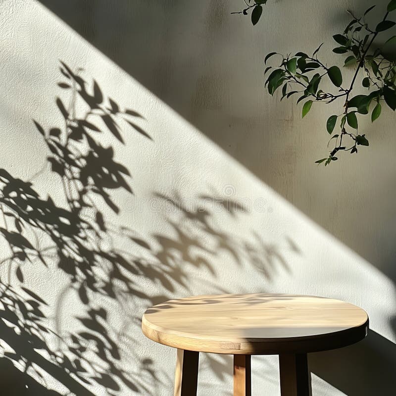 Wooden Table and Shadow of Tree on the Wall. 3d Rendering Stock ...