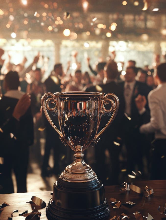 Wooden Table with Silver Trophy Stock Photo - Image of glory, premium ...