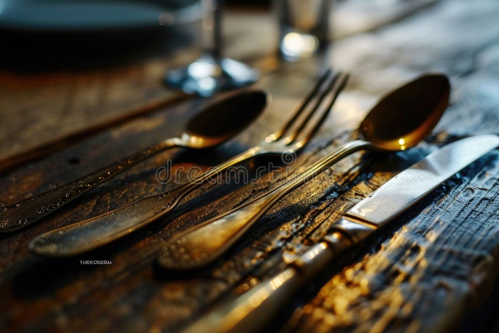 A Wooden Table with Silverware Placed on Top. Ideal for Showcasing ...