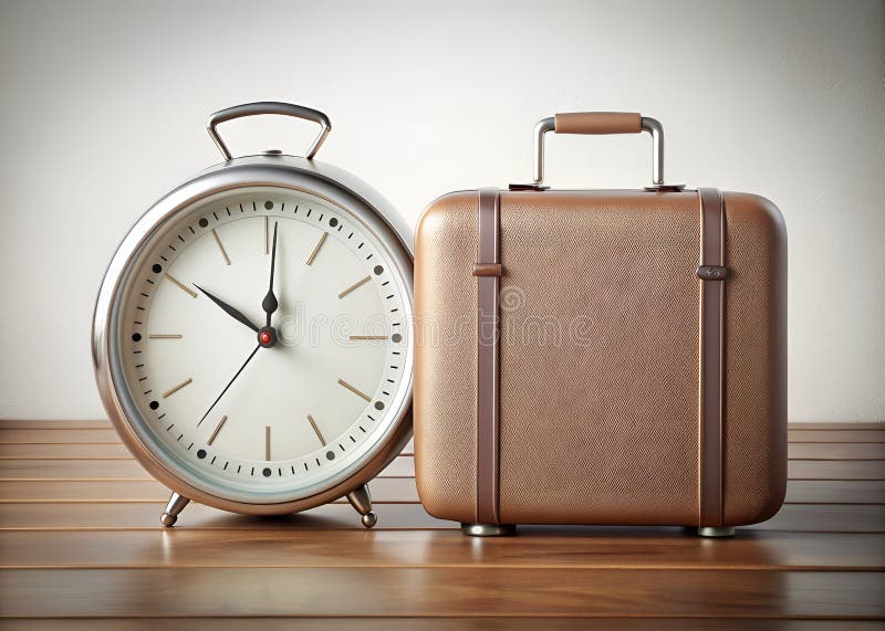 On a Wooden Table Sits an Alarm Clock and a Suitcase Stock Illustration ...