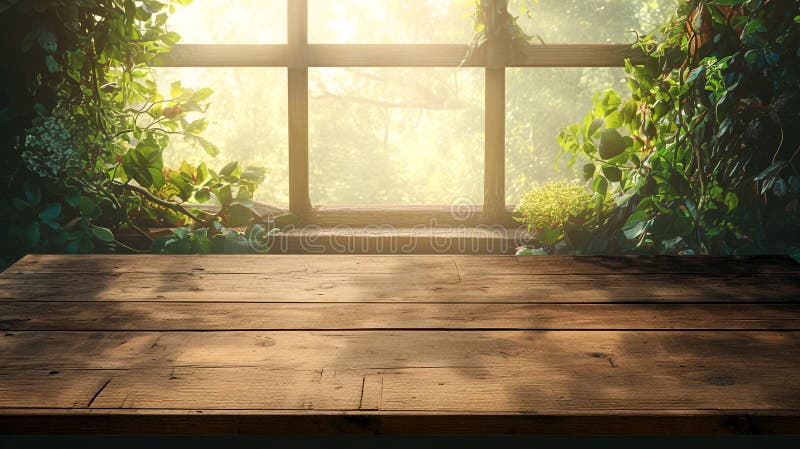 Wooden Table with Window View of Sunlight and Greenery Stock ...