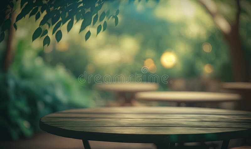 A Wooden Table Sitting in Front of a Lush Green Forest Stock ...